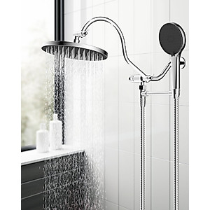 Hibbent Self-cleaning Shower Head, 10'' High Pressure Rainfall Shower Head, Showerhead Combo/Handheld Shower Head, 12'' Adjustable Curved Shower Extension Arm, 71'' Hose, 2 Shower Head Holders, Chrome