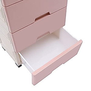 Plastic Storage Drawers, 5 Layers 6 Drawer Dresser Clothes Storage Plastic Closet Cabinet Organizer Container with 4 Wheel for Tower Home Office Bedroom Furniture (Pink)
