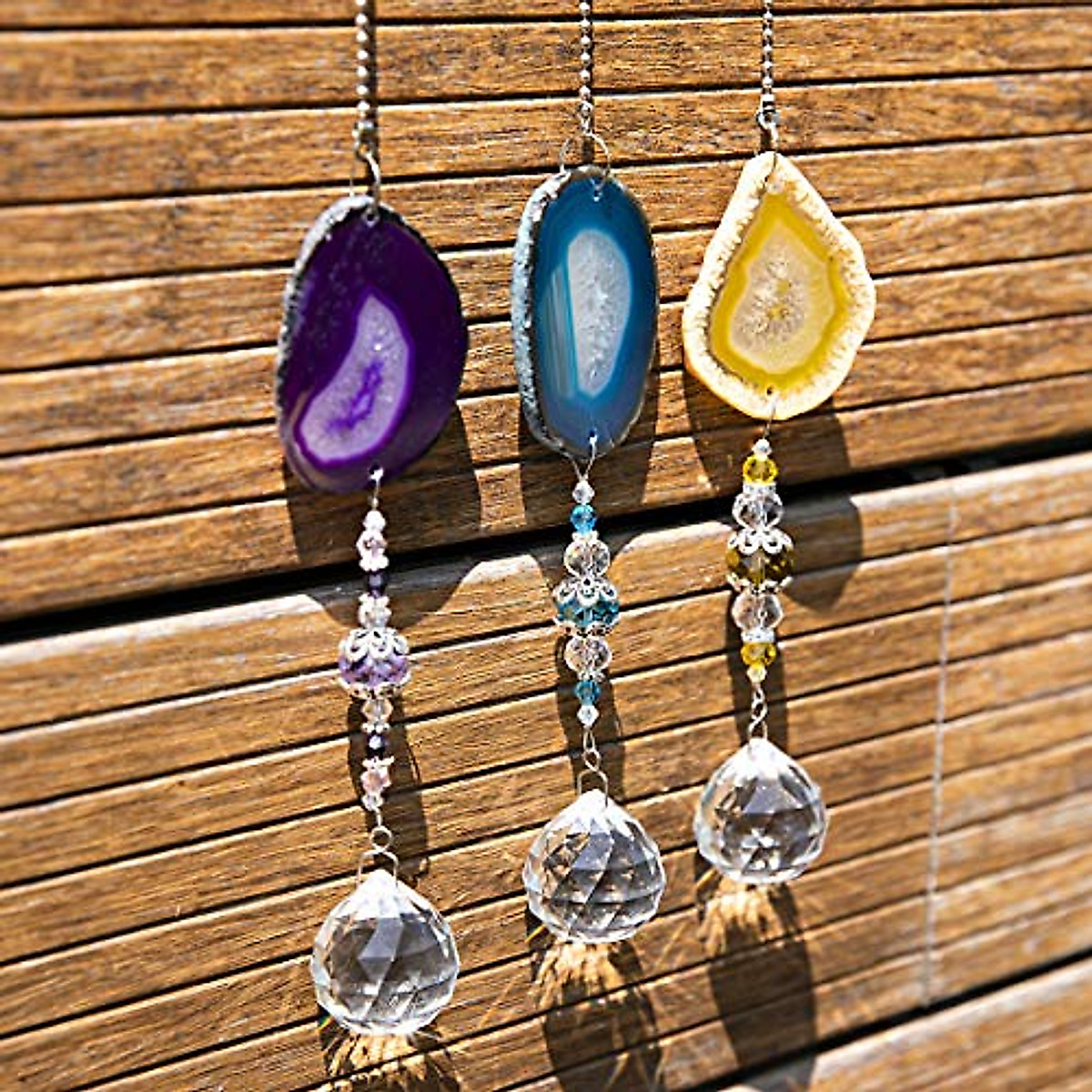 H&D HYALINE & DORA Pack 3pcs Suncatcher Hanging 30mm Crystal Ball with Agate Slices Wind Chimes Ornaments Decor for Window Home Garden