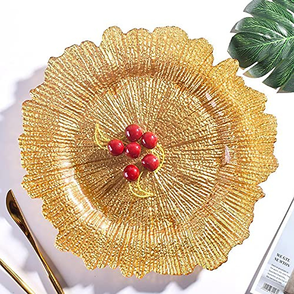 WUWEOT 12 Pack 13" Gold Charger Plates, Plate Chargers with Flora Reef Design, Plastic Round Ruffled Rim Dinner Charger Plates for Dinner Wedding Party Decoration