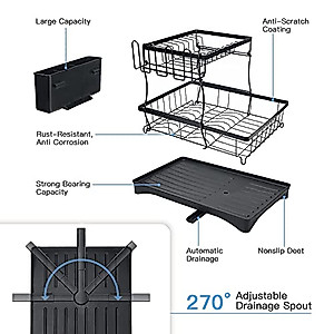 B BEAUTYBABY 2 Tier Dish Drying Rack with Drainboard Dish Racks for Kitchen Counter Dish Drainers Set with Utensils Holder Auto-Drainage Large Capacity Stainless Steel Dish Rack Detachable