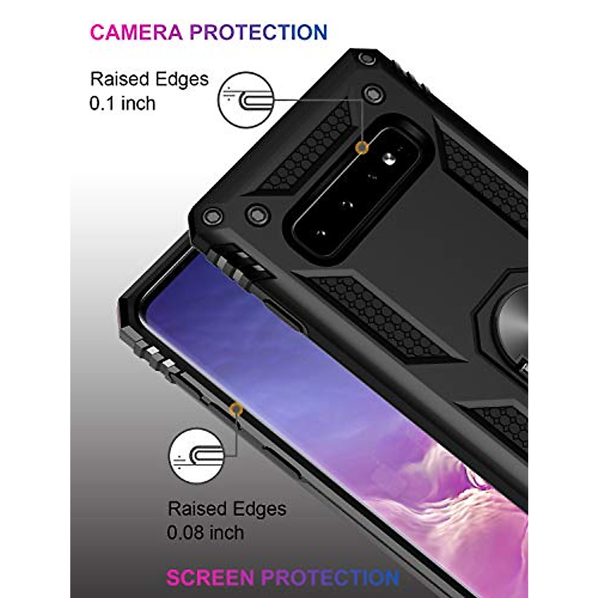 Galaxy S10+ Plus Case, Military Grade Drop Tested, Magnetic Ring Kickstand, Car Mount Compatible, Protective Black Cover