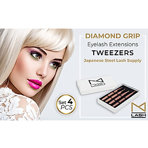 M LASH Tweezers for Eyelash Extensions (Set of 4) - Professional Lash Extension Tweezers - Fiber Tip, Japanese Steel, Diamond Grip Eyelash Extension Tweezer (Blue)