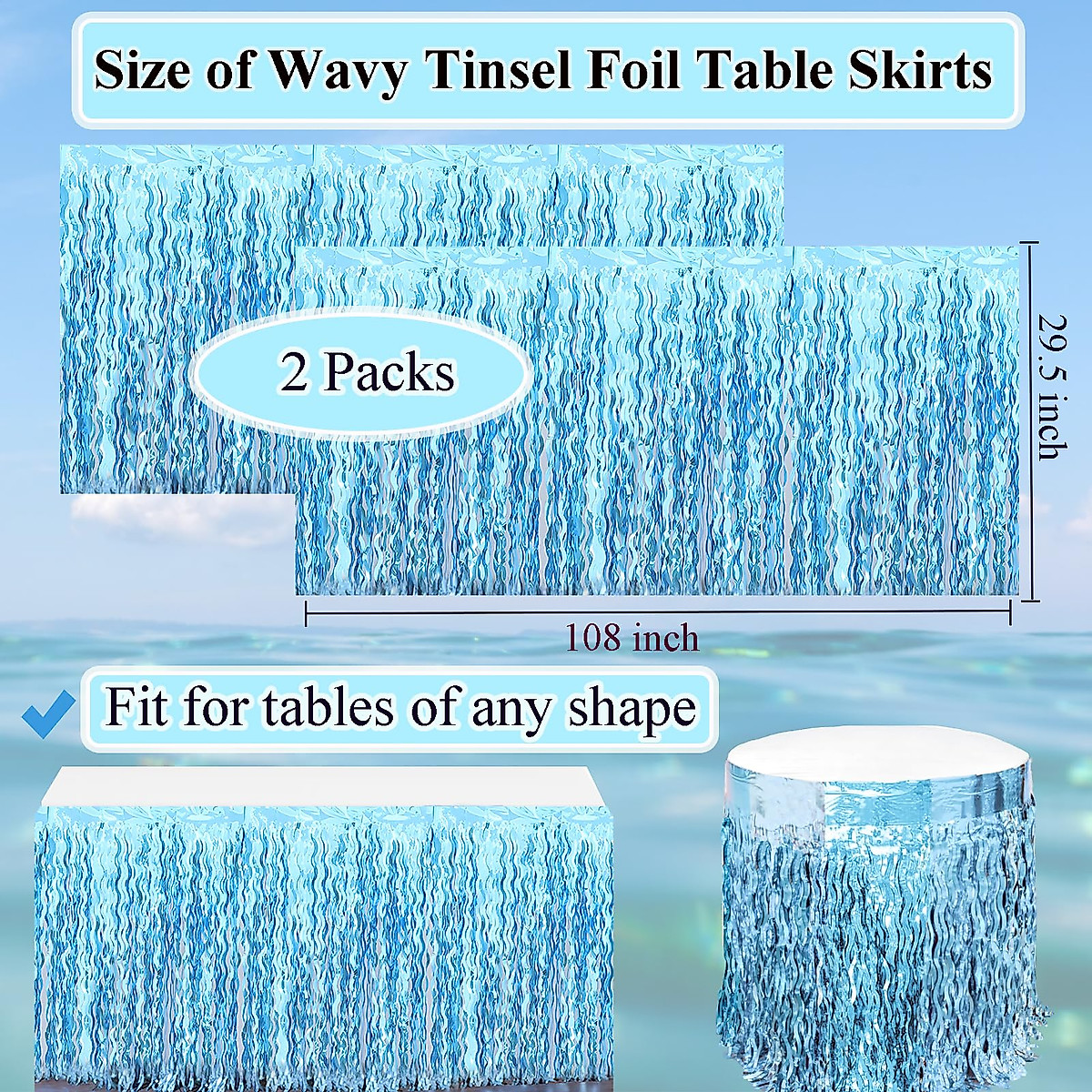 BUDICOOL 2 Pack Teal Blue Shiny Wavy Tinsel Foil Fringe Table Skirts Table Decorations for Mermaid Birthday Decorations,Under The Sea Party Decorations,Baby Shark Birthday Decorations