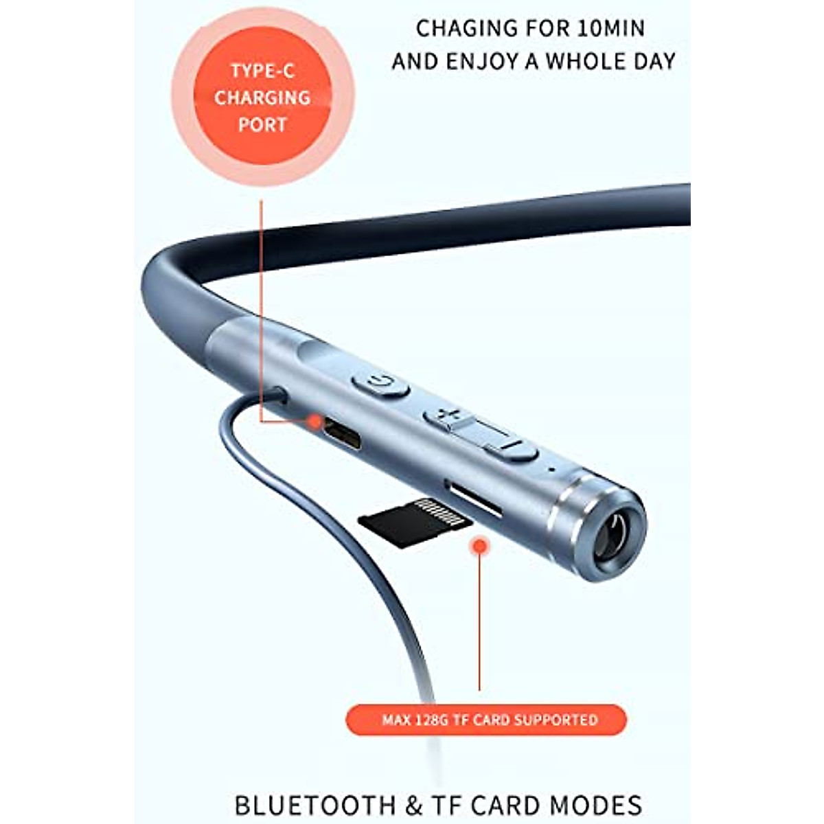 Neckband Bluetooth Headphones Around The Neck Wireless Earbuds with Microphone Flashlight Waterproof Sport Headset Noise Cancelling Ear Buds 120H Playtime for Running Cycling Cell Phone Android iOS