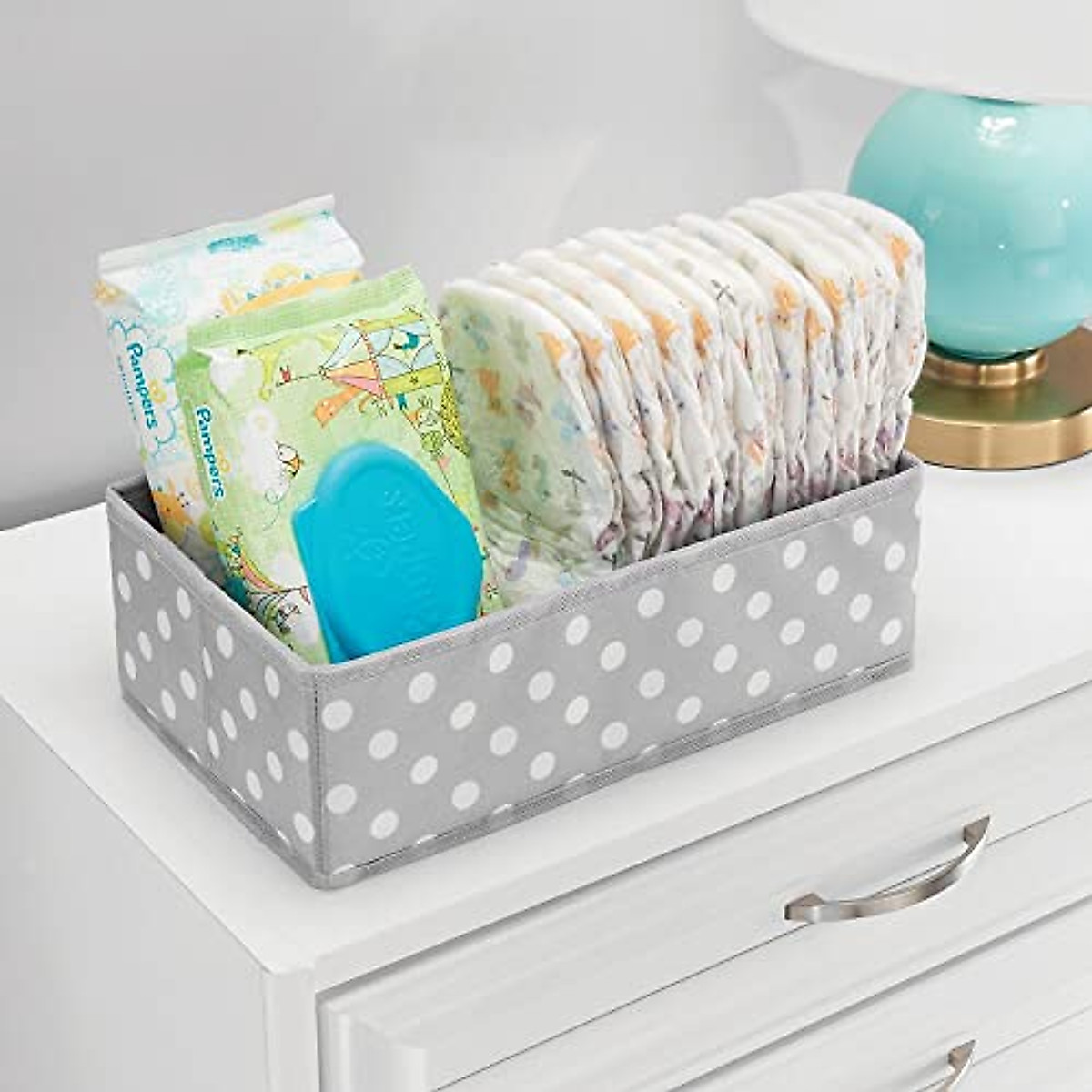 mDesign Fabric Drawer Organizer Bins, Kids/Baby Nursery Dresser, Closet, Shelf, Playroom Organization, Hold Clothes, Toys, Diapers, Bibs, Blankets, 6 Pack - Gray/White Polka Dot