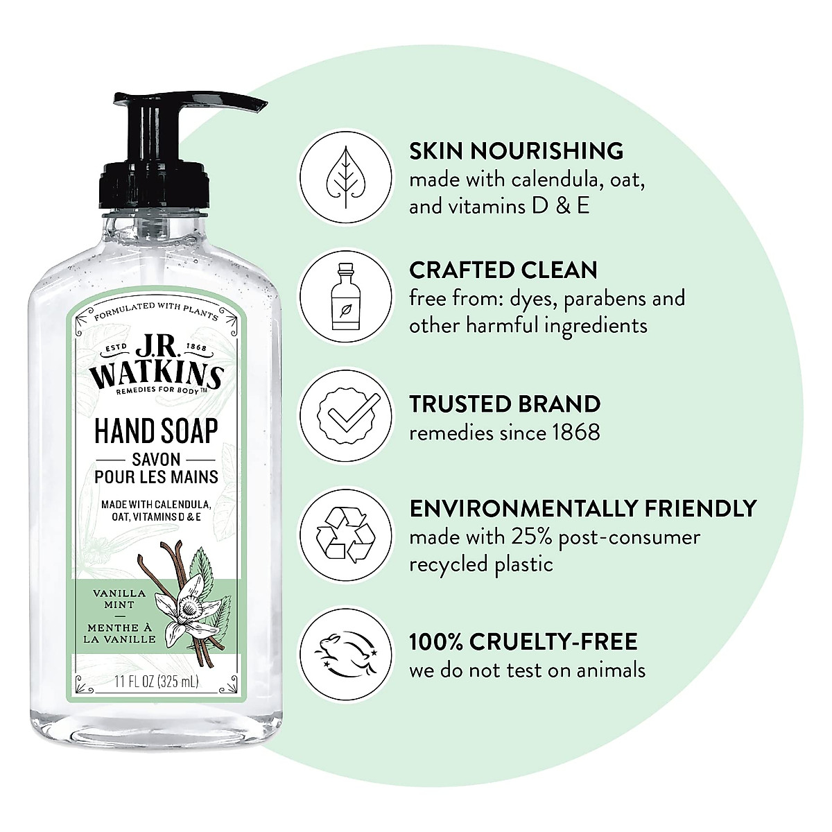 J.R. Watkins Gel Hand Soap with Dispenser, Moisturizing Hand Wash, All Natural, Alcohol-Free, Cruelty-Free, USA Made, Vanilla Mint, 11 fl oz, 3 Pack