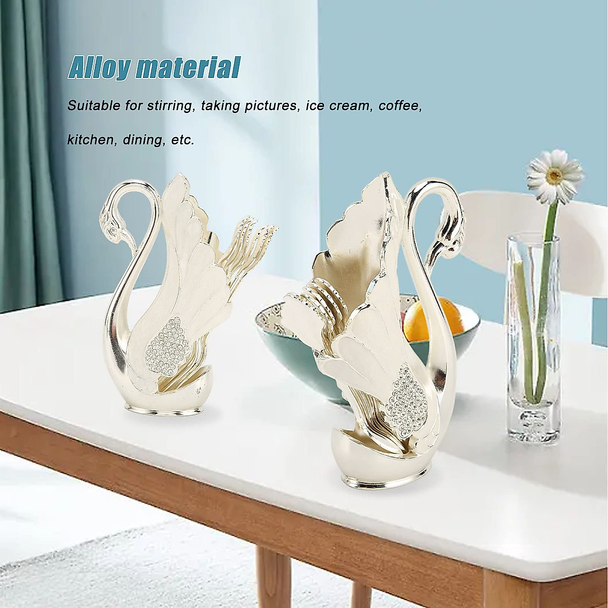 Coffee Spoon Holder Coffee Dessert Spoon Set Alloy Swan Base Holder Spoon Organizer with 6pcs, Modern Style Ice Cream Spoons Teaspoons Coffee Dessert Flatware(Spoon)