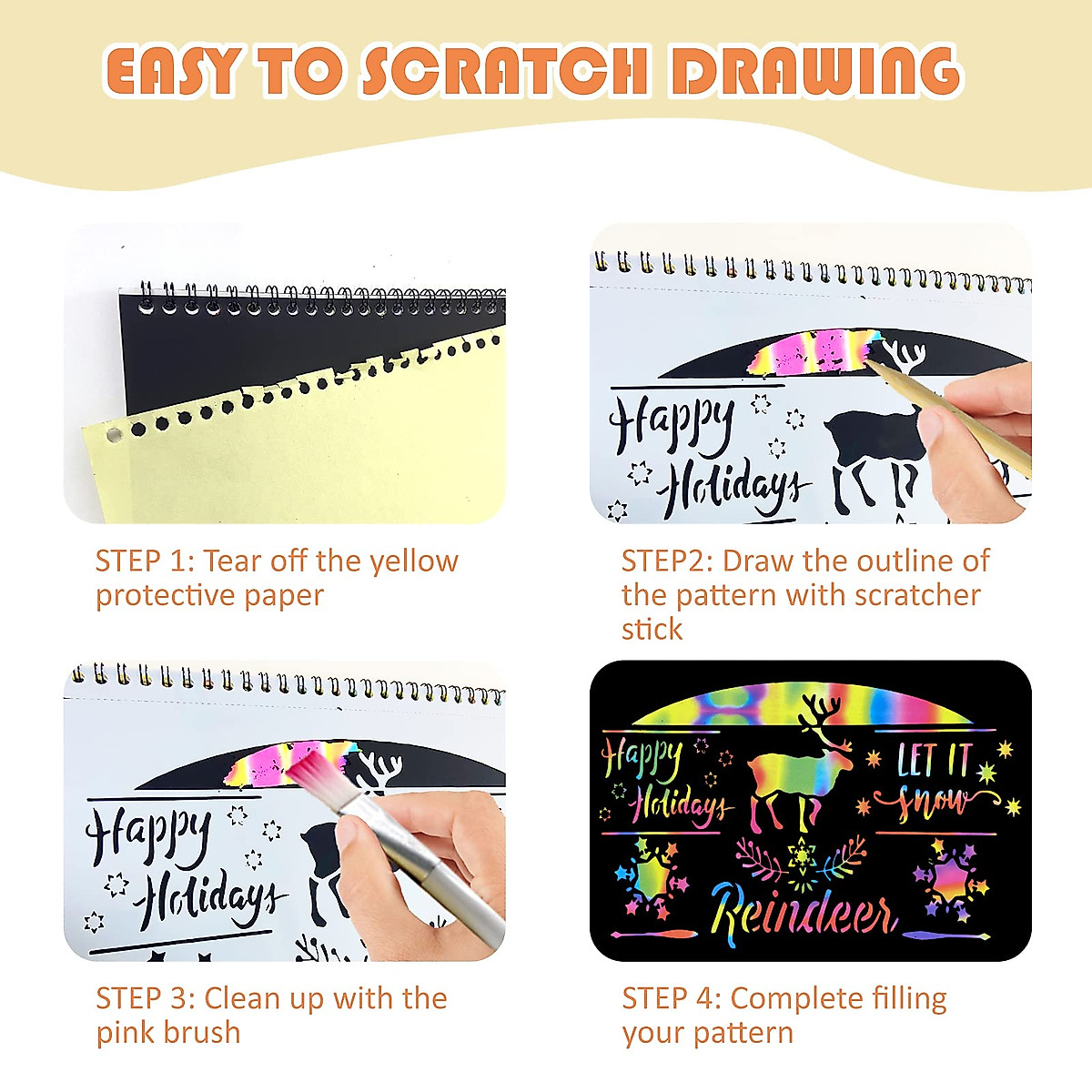 Christmas Scratch Paper Art Notebooks, 24 Piece Set of 14 Sheets Rainbow Magic Scratch Off Paper, 10 x 7 Inches, with 6 Xmas Stencils, 3 Scratcher Sticks, and 1 Cleaning Brush for Kid, Adult and more