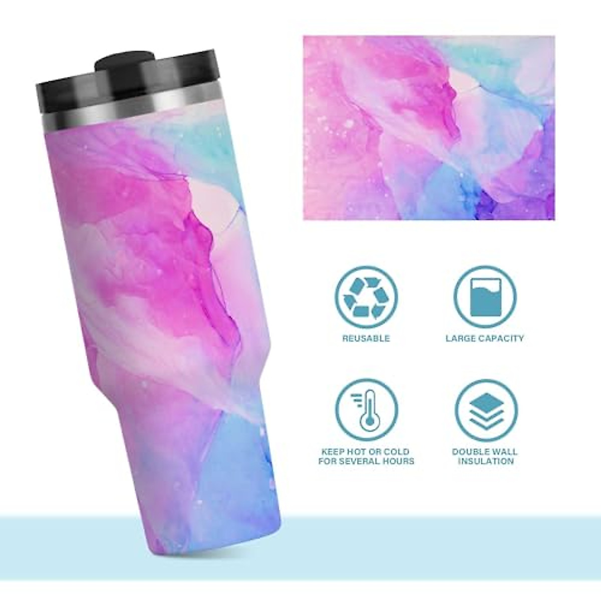 Yasala Car Tumbler with Handle Fantasy Marble Art Pinks Purples Travel Mug Coffee Cup Insulated Beverage Container Mega Cup for Hot Cold Drinking Thermos Water Bottle Cupholder Friendly 40 oz