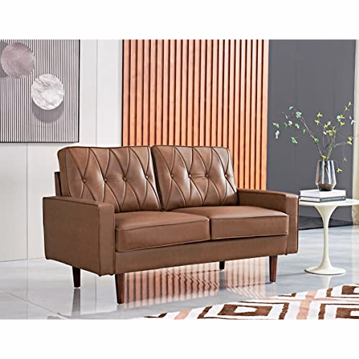 Container Furniture Direct Modern Style Faux Leather Loveseat with Elegant Round Tapered Legs and Button Tufted Backrest Perfect for Living Room, Bedroom or Home Office, 57.5’’ Wide, Brown