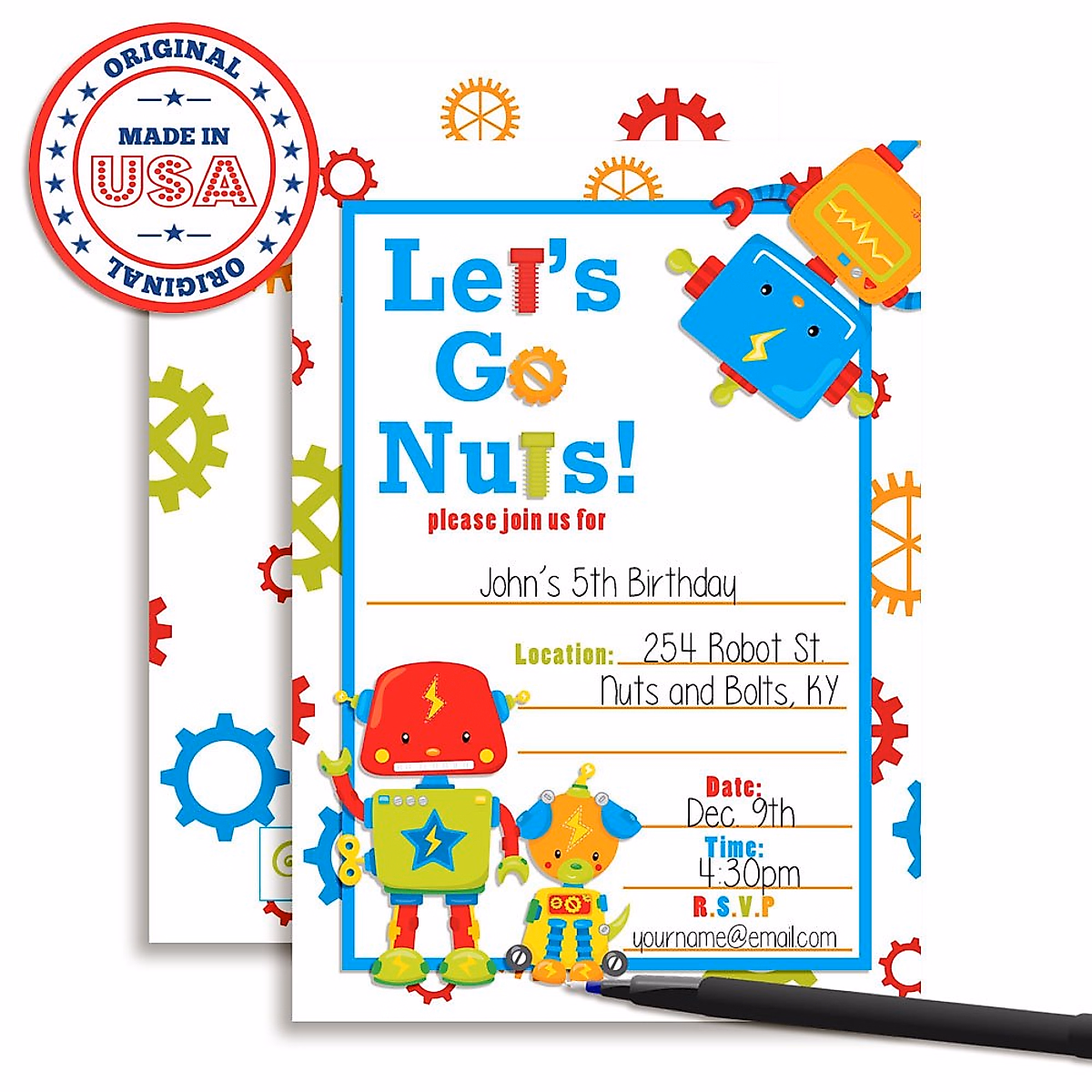 Robot Birthday Party Invitations, 20 5x7 Fill In Cards with Twenty White Envelopes by AmandaCreation …