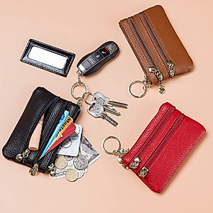 imeetu Genuine Leather Coin Purse Keychain for Women, Small Change Purse for Coins, Coin Pouch Wallet with 4 Zippered Pockets, a Mini Mirror (Barbie Red)