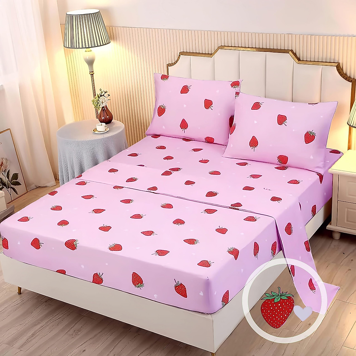 SDY 4PCS Strawberry Bedding Sheets,Queen Size Red and Pink Strawberry Print Sheet Set with 1 Kawaii Top Flat Sheet + 1 Deep Pocket Fitted Sheet + 2 Pillowcases for Teen Girls
