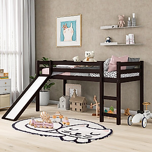 NAFORT Twin Loft Bed with Slide, Low Loft Bed with Stairs, Solid Wood Twin Loft Bed Frame for Girls Boys with Climbing Ladders Guard Rails and Slat Support (Espresso)