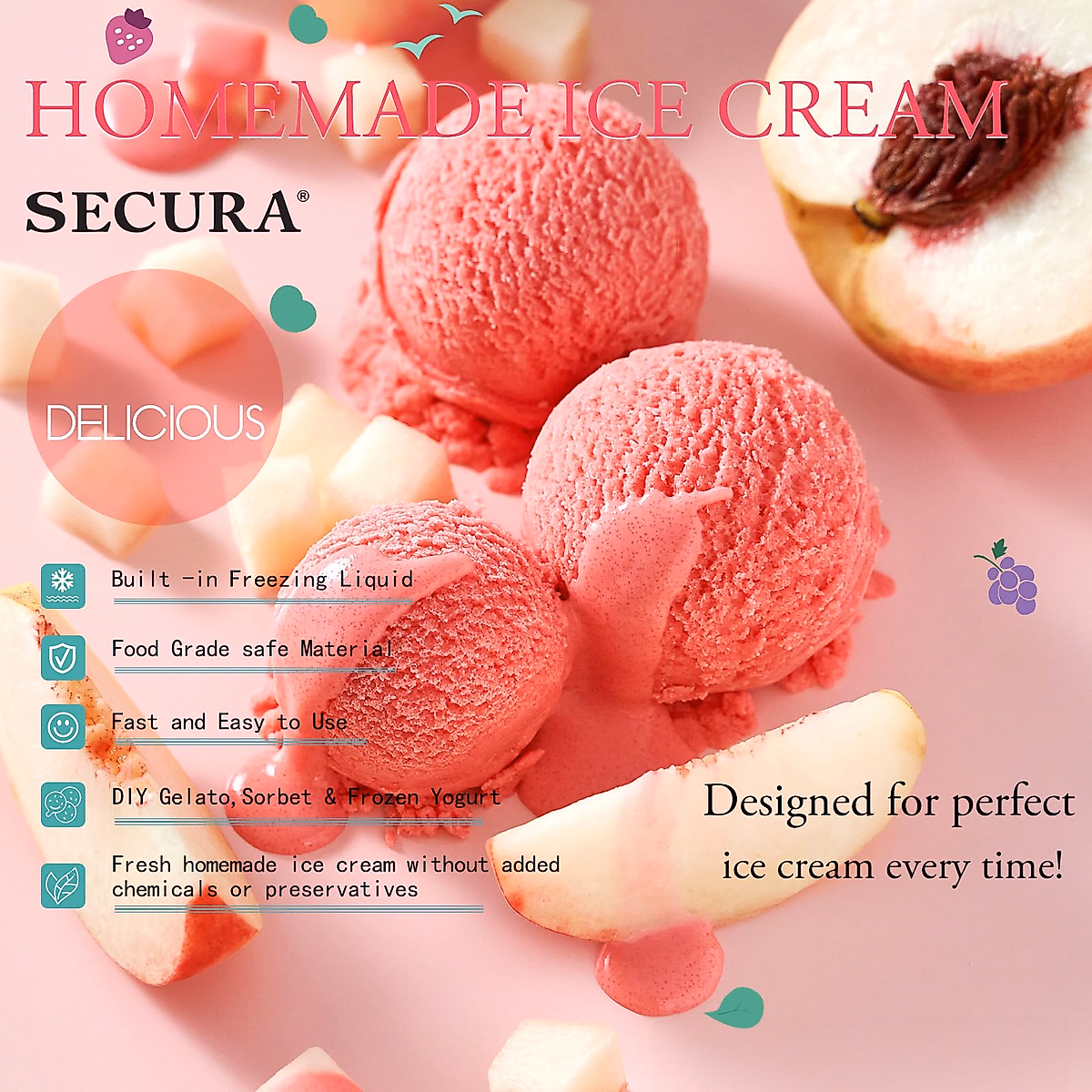 Secura Ice Cream Maker, DIY Visualization Ice Cream Machine for Gelato, Sorbet, Frozen Yogurt, Perfect for Beginners, Food Grade Safe Material, 1QT