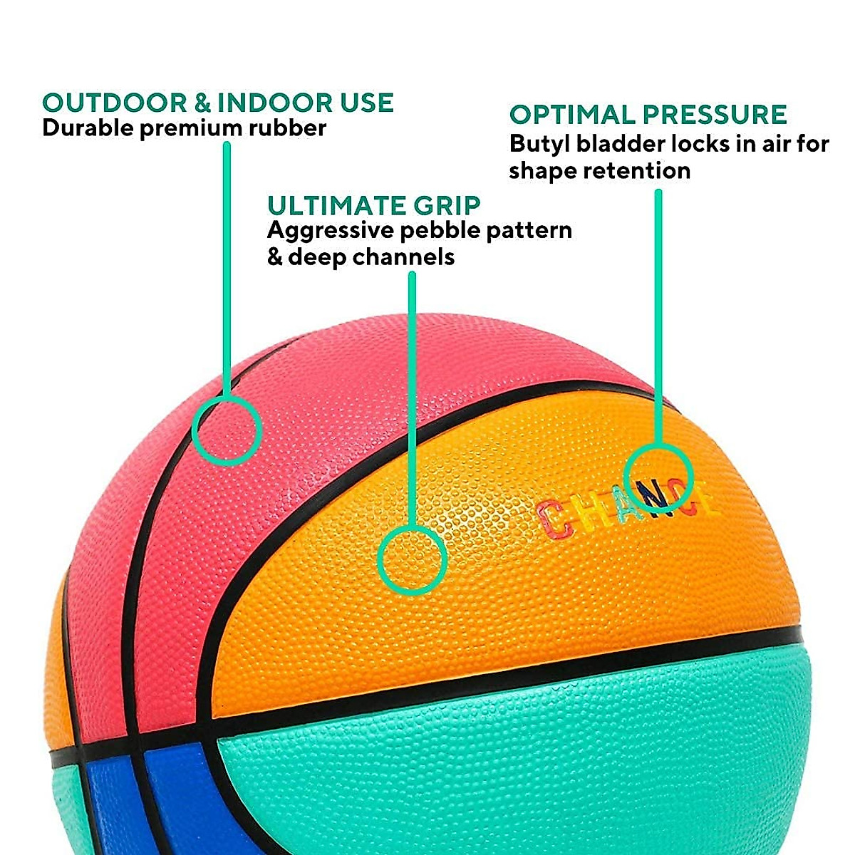 Chance Premium Rubber Outdoor/Indoor Basketball (7 Men's Official - 29.5", Juicy - Multi-Color) Standly The Ball Stand