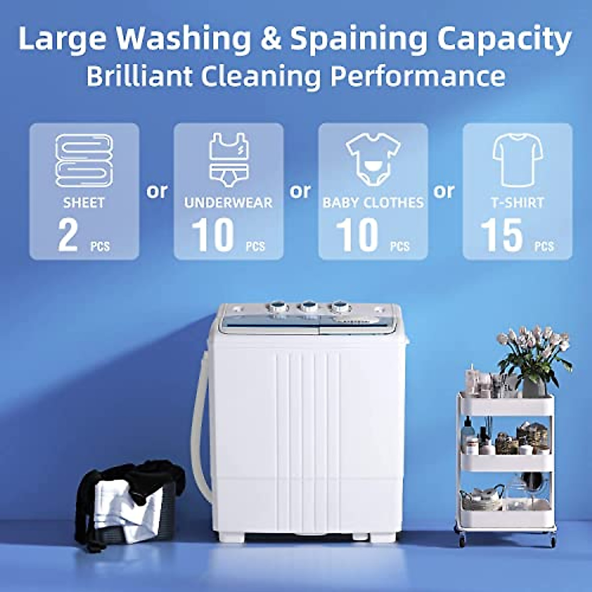 GRAVFORCE Portable Washing Machine, Mini Twin Tub Washer and Dryer Combo, 21lbs Capacity Washer(14.4Lbs) and Spinner(6.6Lbs), w/Built-in Gravity Drain for Camping, Apartments, Dorms, RV’s (Blue)