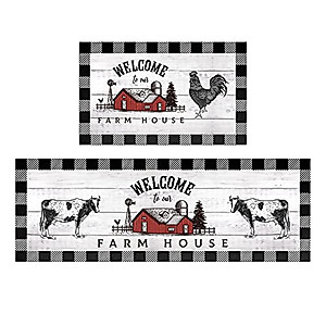 HOLVDENG Farmhouse Kitchen Mat Set of 2 Non Slip Thick Kitchen Rugs and Mats for Floor Comfort Standing Mats for Kitchen, Sink, Office, Laundry, 17"x47"+17"x28"