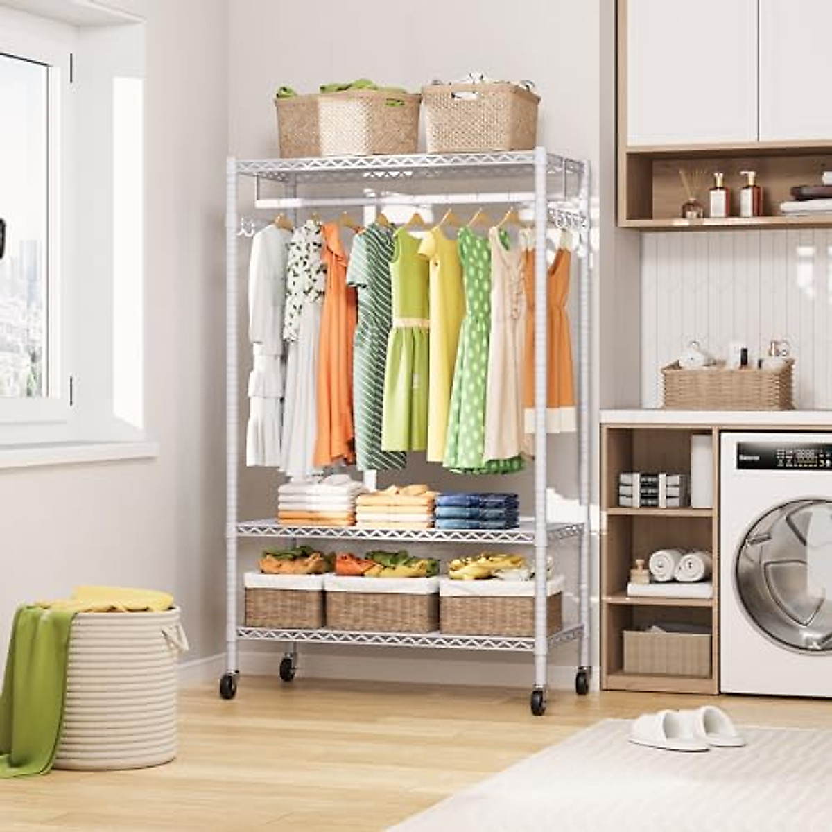 LEHOM G1 Heavy Duty Clothes Rack, 3 Tiers Rolling Garment Rack for Hanging Clothes, Adjustable Wire Clothing Rack with Storage Shelves, Lockable Wheels Freestanding Closet Wardrobe for Bedroom, White