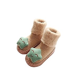 Lykmera Cute Fleece Socks Shoes Toddler Kids Boys Girls Walking Shoes Flat Bottom Floor Socks Shoes Non Slip Cartoon Shoes (Beige, 18-24 Months)