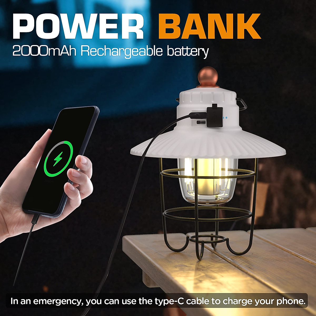 EverBrite LED Camping Lantern Pack of 2, USB C Rechargeable Lantern with 3 Light Modes, Vintage Outdoor Lanterns with Power Bank Function for Power Outages, Hurricane, Emergency, Fishing