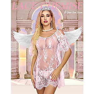 Avidlove Women Lingerie Lace Babydoll V Neck Sleepwear Strap Chemise(Pink,Large)
