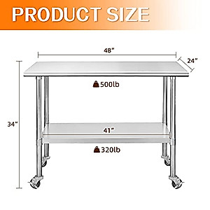 HOCCOT Stainless Steel Prep & Work Table with Adjustable Shelf, with Wheels, Kitchen Island, Commercial Workstations, Utility Table in Kitchen Garage Laundry Room Outdoor BBQ, 24" X 48"