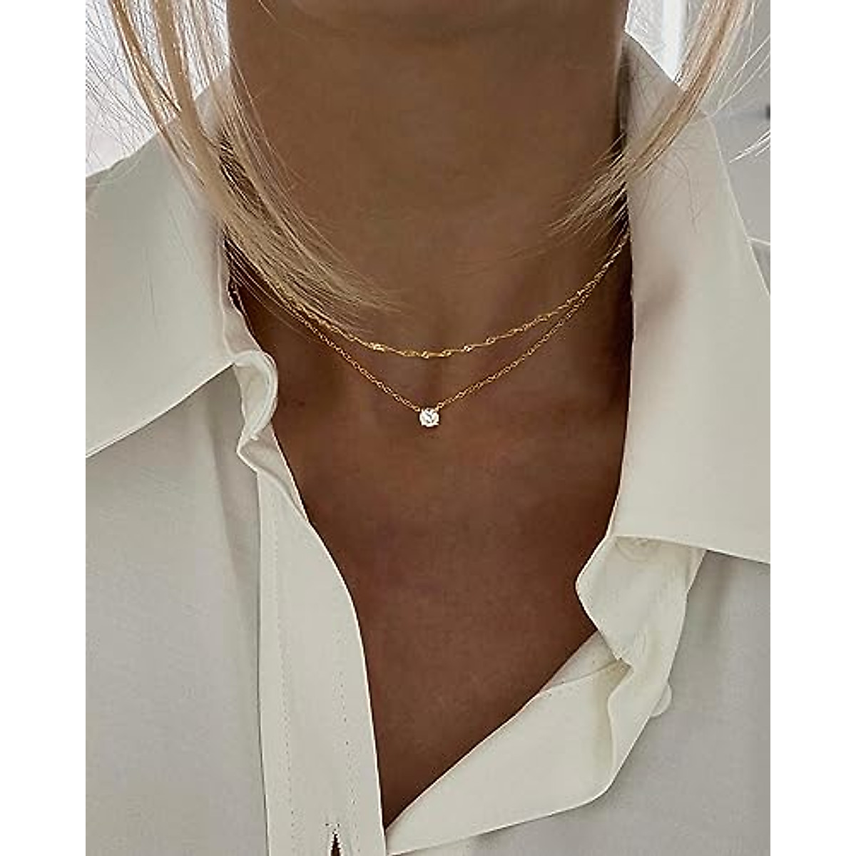 Tewiky Gold Necklace, Dainty Gold Layered Gold Plated Diamond Necklaces Simple CZ Solitaire Pendant Necklace Cute Gold Cubic Zirconia Chain Choker for Women Trendy Girls Gold Jewelry Gift