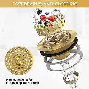 Gold Sink Drain Strainer 3-1/2 Inch Kitchen Sink Drain Assembly Kit with Stainless Steel Strainer Basket and Drain Stopper for Standard Kitchen Sink Brushed Gold