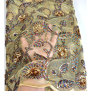 SanVera17 African Fabric Sequins Rope Embroidered Net Fabrics Leaf Battern Base Fabric Color (Apricot) for Party Dress 5 Yards