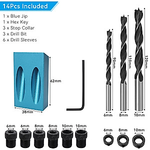 14Pcs Pocket Hole Jig Kit, 15 Degree Woodworking Inclined Hole Jig with 6/8/10mm Drill Bits for Carpentry Woodworking Angle Drilling Holes
