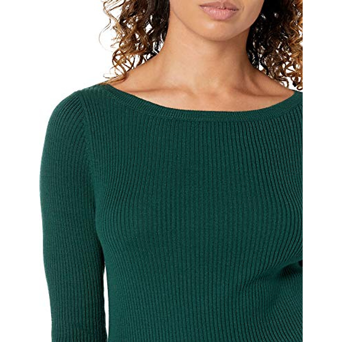 Amazon Essentials Women's Lightweight Ribbed Long-Sleeve Boat Neck Slim-Fit Sweater, Forest Green, Large