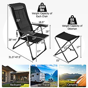Tangkula Folding Patio Chairs, Set of 2 Outdoor Dining Chairs & Ottomans, Lawn Chairs with 7-Level Adjustable Backrest, Armrests, Mesh Pocket, Portable Lounge Chairs & Footrests for Backyard, Camping