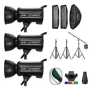 Godox 3 Pack QT600II 1800Ws 2.4G TTL Speedlite Studio Flash Strobe Light Bowens Mount Kit,GN76 1/8000s HHS,Recycle in 0.05-0.9 Sec for Studio Shooting, Location and Portrait Photography