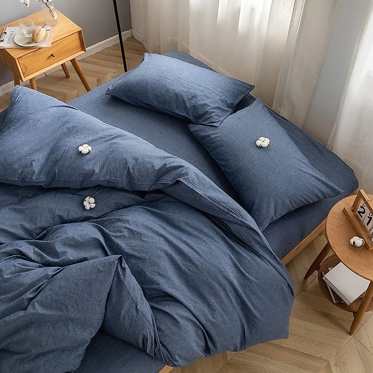 FACE TWO FACE Bedding Duvet Cover Set 3 Pieces 100% Washed Cotton Duvet Cover Linen Like Textured Breathable Durable Soft Comfy (California King, Denim)