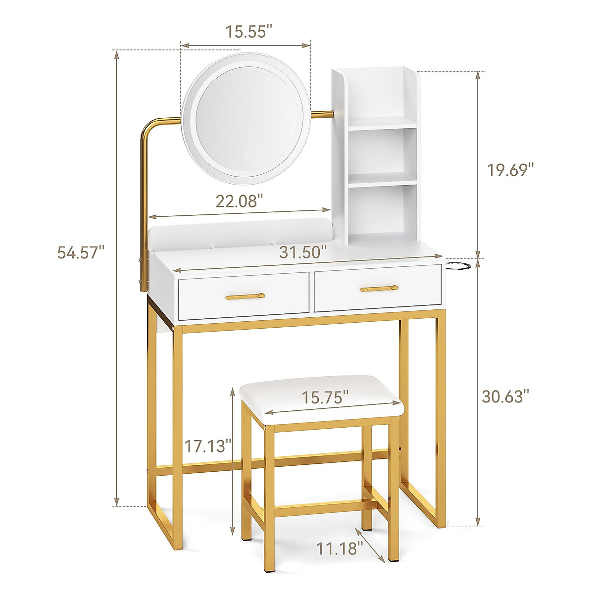 Dowinx Vanity Desk with LED Lighted Mirror & Power Outlet, White Vanity Desk with Adjustable 3 Lighting Modes, Small Vanity Desk for Bedroom, Makeup Vanity with Chair for Girl, Gold and White