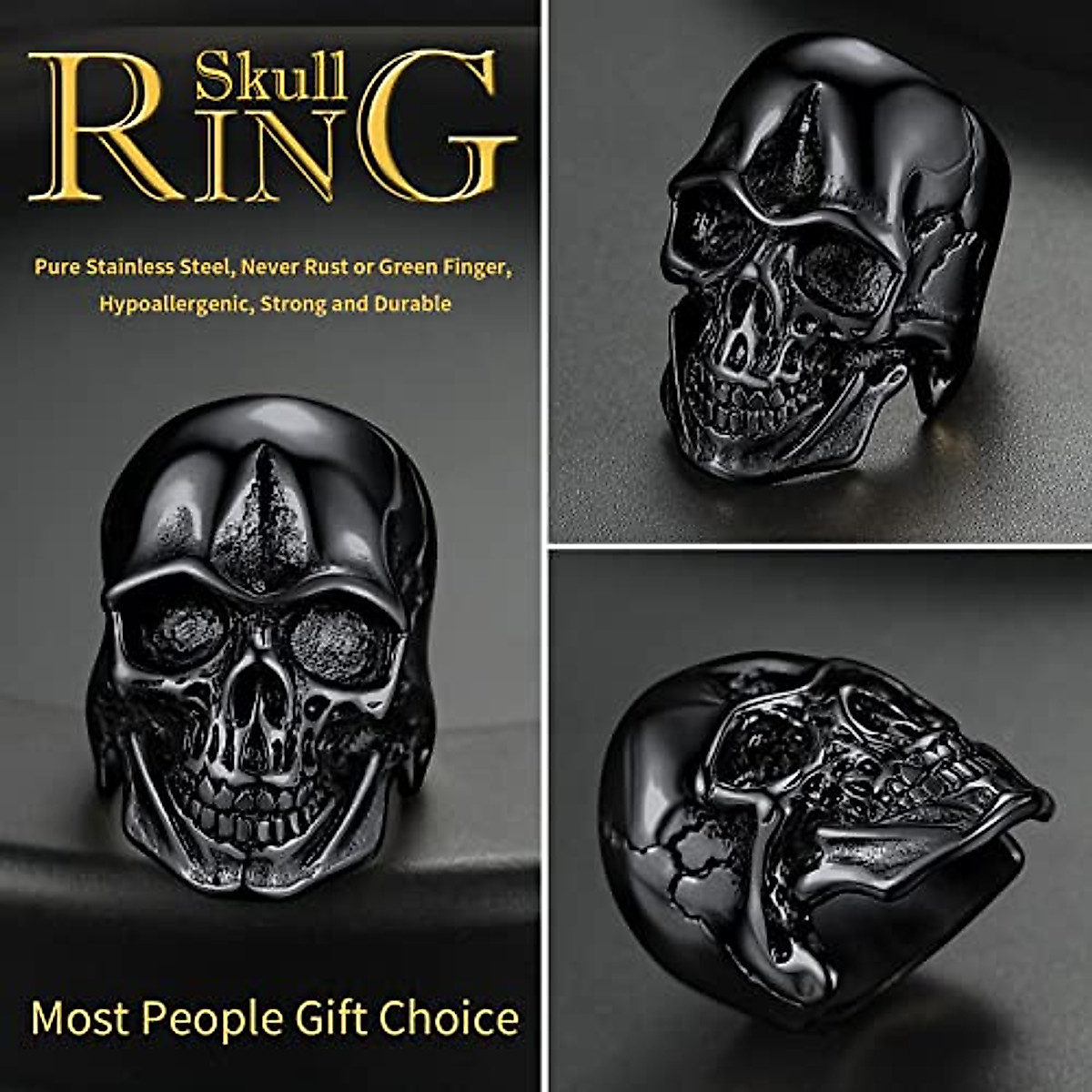 Skull Rings for Women Stainless Steel Jewerly Skeleton Black Head Rings (Size 12)