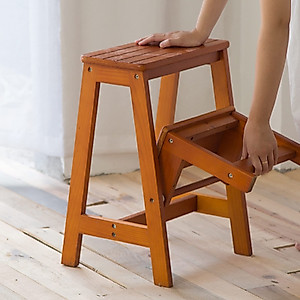 YokIma Step Stool 2-Step Ladder Chair,Wooden Large Steps Stool Ladder Flip Folding Safety Non-Slip Shoe Bench/Flower Rack for Kitchen Bathroom Office