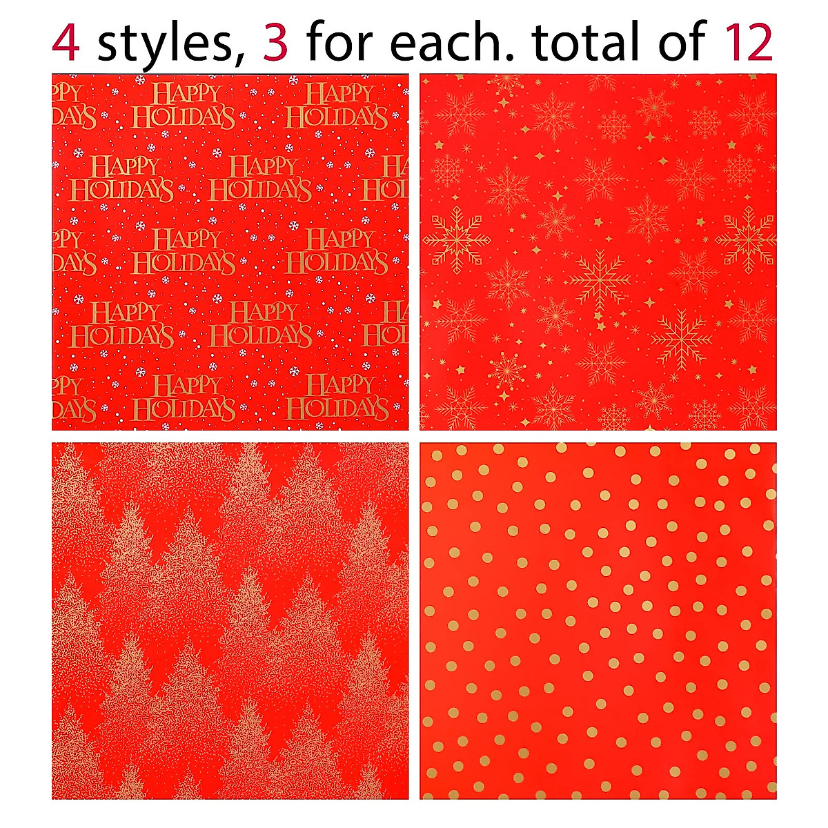 LeZakaa Christmas Gift Wrapping Paper - 12 Folded Sheet with 4 Different Christmas Design in Red (Snowflake, Tree, Dot, Happy Holiday Lettering)- 27.5 x 19.6 inches Per Sheet