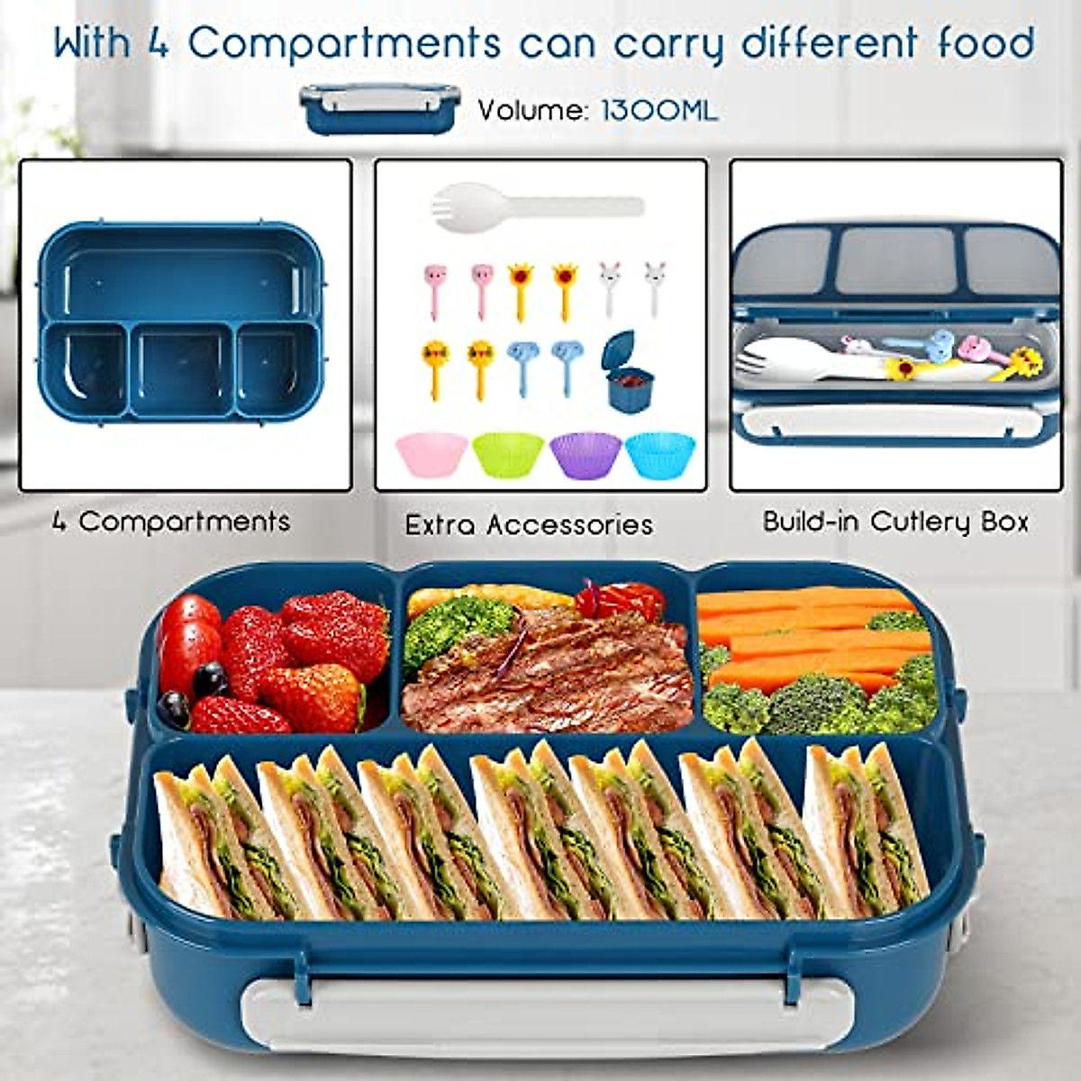Lunch Box Kids, Bento Box Adult Lunch Box, Lunch Containers for Adults Kids Toddler, 1300ML-4 Compartment Bento Lunch Box w/ Food Picks Cake Cups, Microwave/Dishwasher/Freezer Safe, BPA Free (Blue)