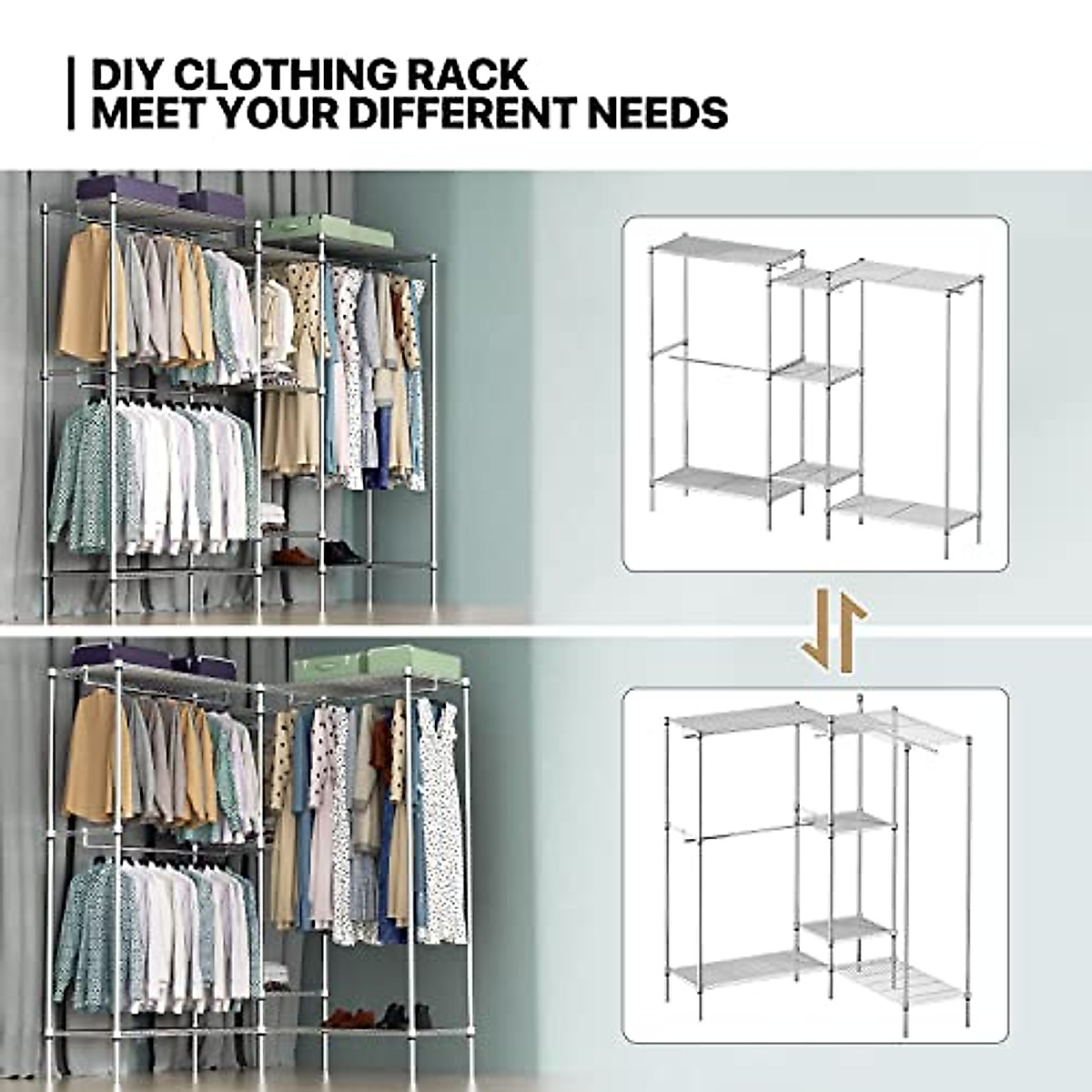 MoNiBloom Clothes Rack Heavy Duty 85.5 Inch Tall Garment Rack for Hanging Clothes, Metal Clothing Rack, Compact Freestanding Wardrobe Closet with 4 Hang Rods for Home Bedroom, Load 1000 lbs