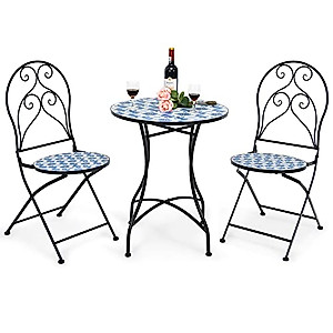 Giantex 3-Piece Patio Bistro Set, Outdoor Dining Set Round Table and 2 Folding Chairs, Mosaic Table with Floral Pattern Metal Frame, Garden Conversation Set for Deck Porch Poolside Yard Lawn