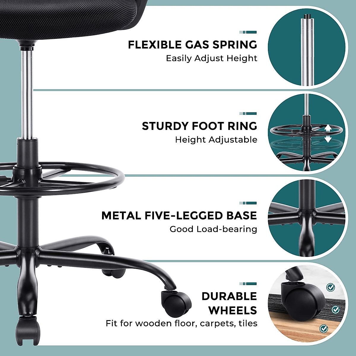 SMUG Drafting Chair Tall Office Chair, Standing Desk Chair Counter Height Office Chairs, Mid Back Mesh Office Drafting Chairs with Armrest, Height Adjustable Foot Ring, Black