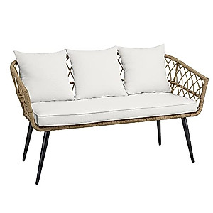 Quality Outdoor Living 29-YZ04HM Hermosa 4PC Conversation Set, Tan Wicker w/Black Aluminum and Off-White Cushions