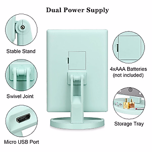 Flymiro Tri-fold Lighted Vanity Makeup Mirror with 3x/2x Magnification,21 LEDs Light and Touch Screen,180 Degree Free Rotation Countertop Cosmetic Mirror,Travel (Green)