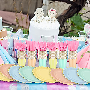 Yaomiao 168 Pcs Disposable Dinnerware Set Party Supplies, Scalloped Paper Plates Cups Napkin with Gold Foil Plastic Forks Knives Spoons Serve 24 Guests for Birthday Baby Shower (Multicolor,Round)