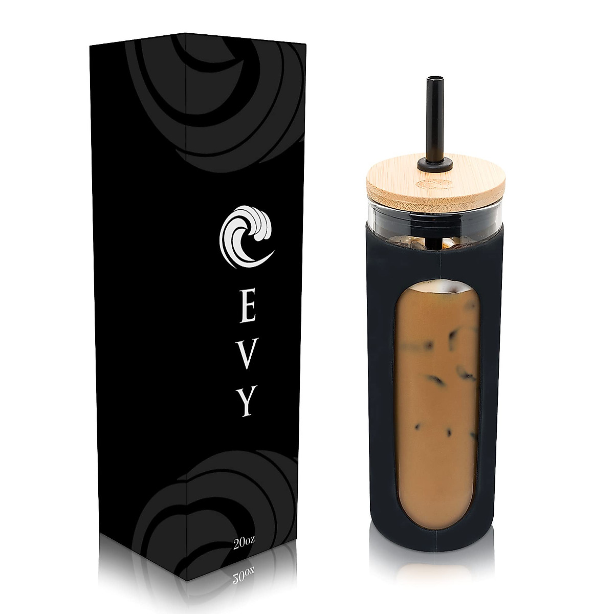 EVY Glass Tumbler 20oz Black Silicone Protective Sleeve Bamboo Lid with Straw for Iced Coffee, Smoothies, and Water Bottle Reusable Cup BPA Free The Original