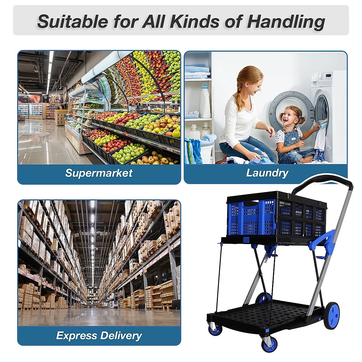 TRY & DO Multi Functional Collapsible Carts, Adjustable Utility Shopping Cart with Storage Basket, Rolling Swivel Wheels, 2-Layer Folding Trolley for Home, Supermarket, Black and Blue