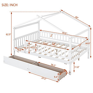 House Bed with Fence Storage, Full Size Montessori Style Beds with Railings and 2 Drawers, Wooden Playhouse Bed Frame for Kids Girls Boys, White